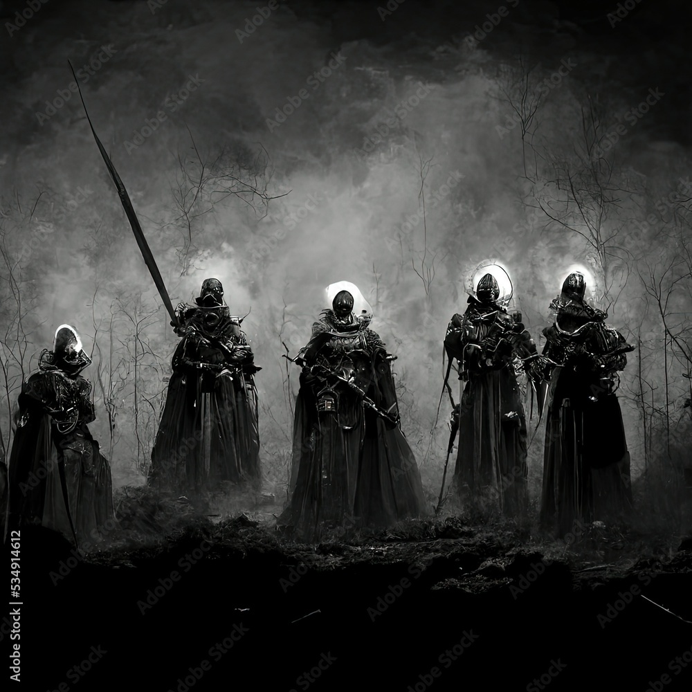 Dark mood image, Halloween theme. Dark Knights in body armor with ...