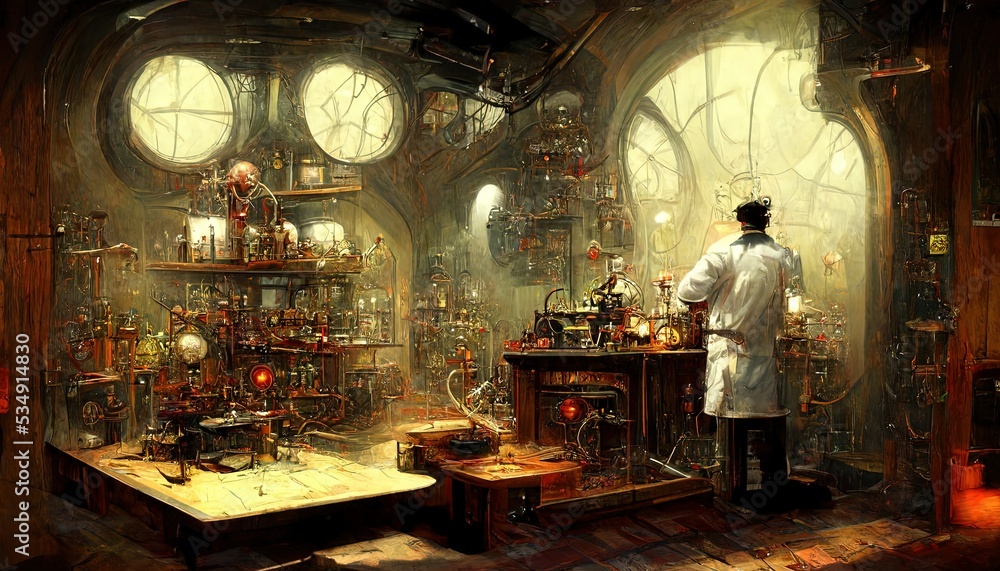 Scientist laboratory in steampunk look style with high details abd ...