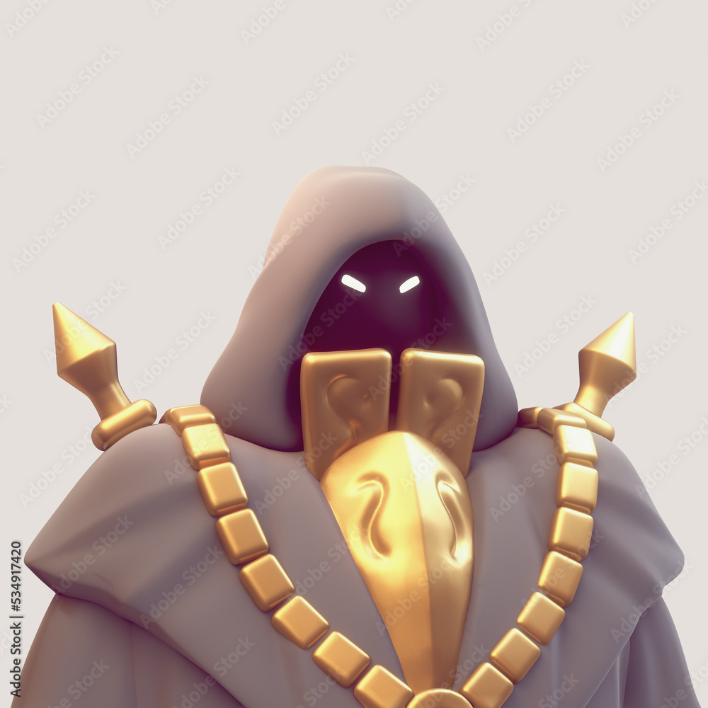 Portrait of scary necromancer wears medieval gray hooded cloak, chunky gold chain necklace ...