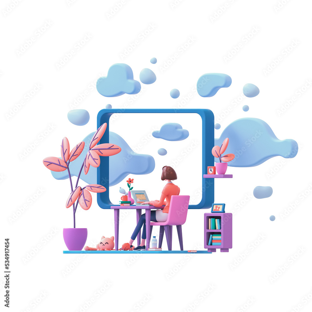 Casual brunette girl working on laptop from home, window view of sky ...