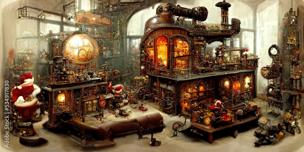Fairy tale Santa's toy factory, Christmas scene, winter illustration ...
