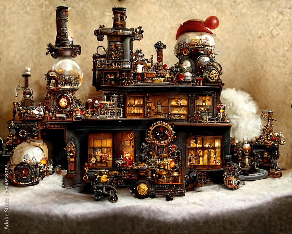 Fairy tale Santa's toy factory, Christmas scene, winter illustration ...