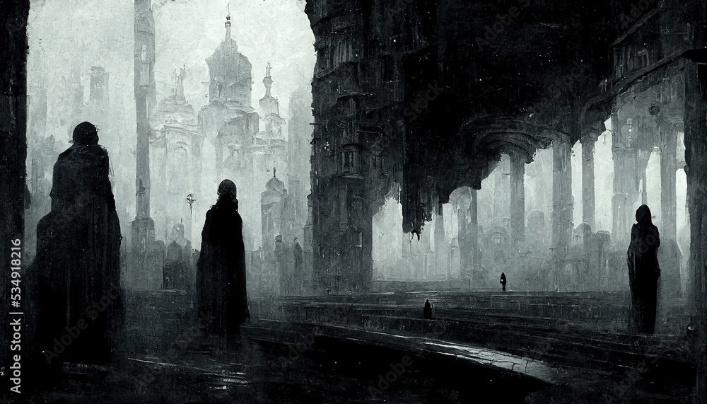 Black and white disappearing shadow city with beautiful architecture ...