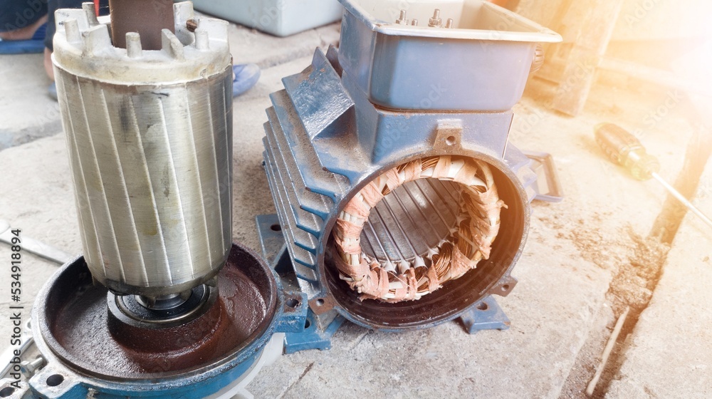 Disassemble three-phase electric motor, electric motor winding. Stock ...