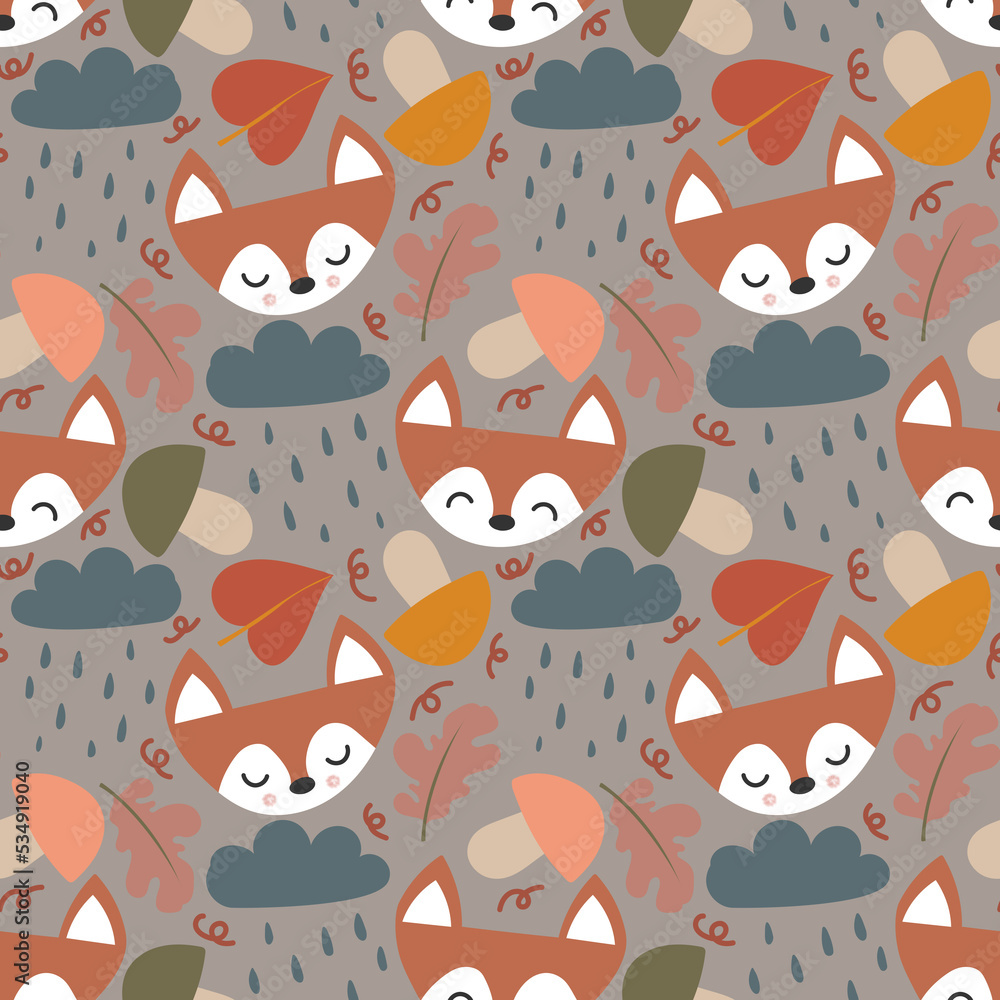 Cute autumn fox pattern, Seamless foxy print, Autumnal wallpaper with ...