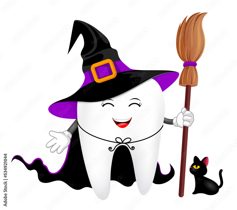 Cute cartoon tooth character design of Witch. Happy Halloween concept ...