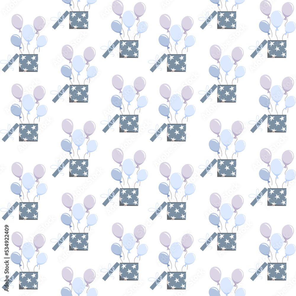 Vector seamless pattern with gift boxes with stars with blue balloons ...