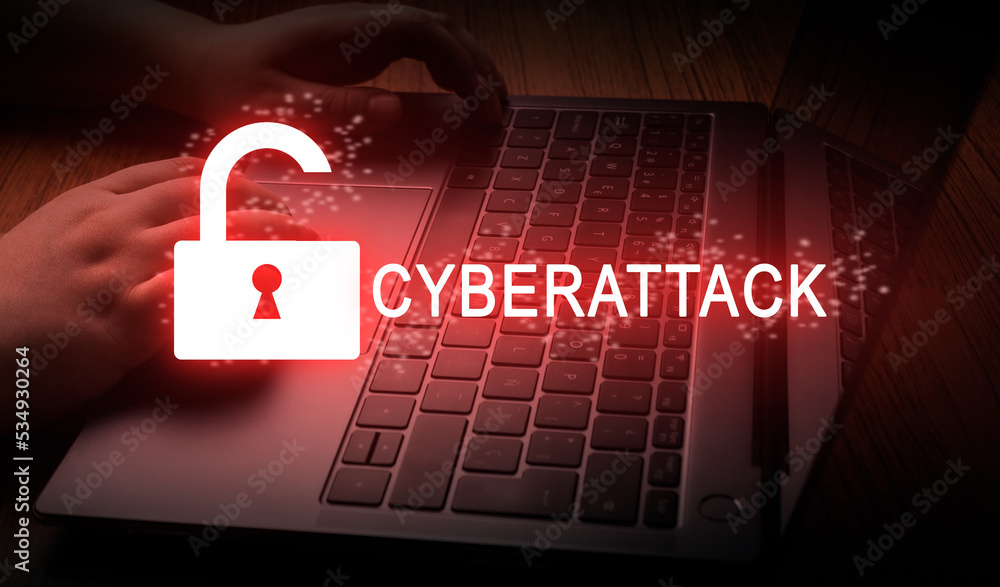 Woman using laptop with digital warning pop up of cyberattack. Cyber ...