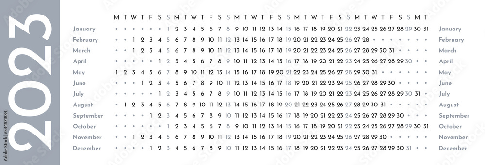 Gray simple linear calendar template for 2023 with week starts on ...