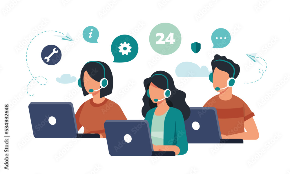 Vector illustration, customer service, hotline operator advises ...