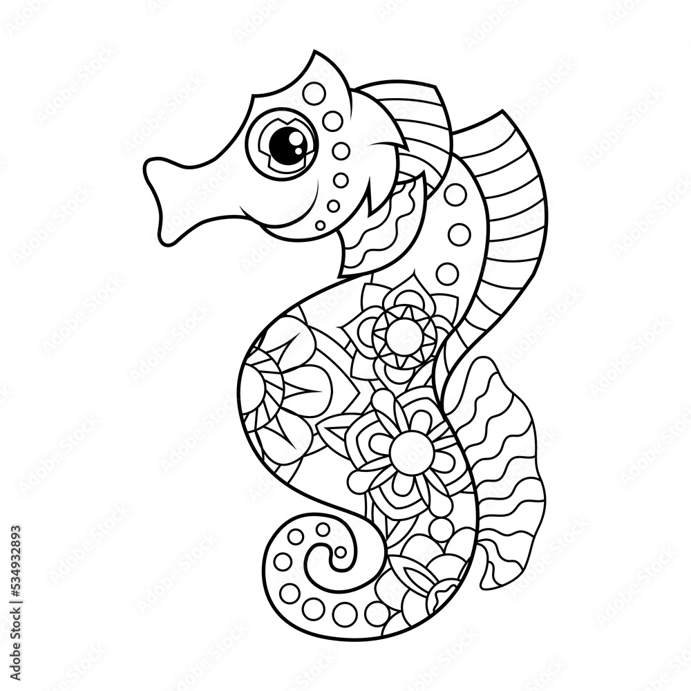 Coloring book for children. Cute sea horse in zentangle style. The task ...