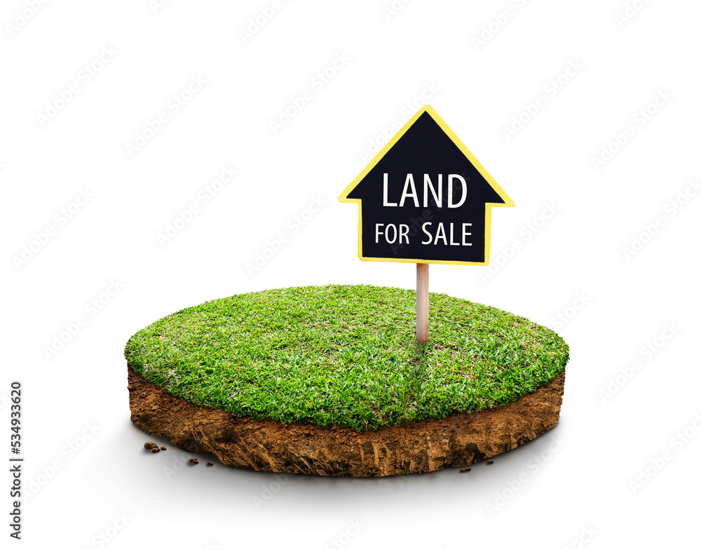 Land for sale sign on round soil ground cross section with earth land ...