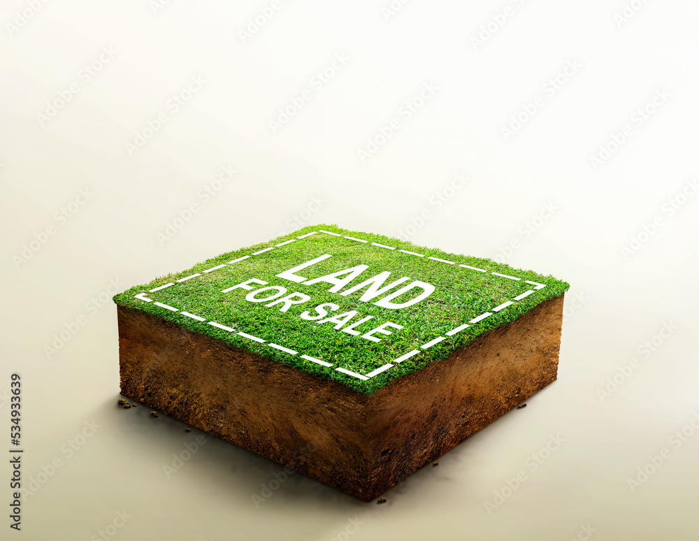 land for sale sign against lawn on cubicle soil and geology cross ...