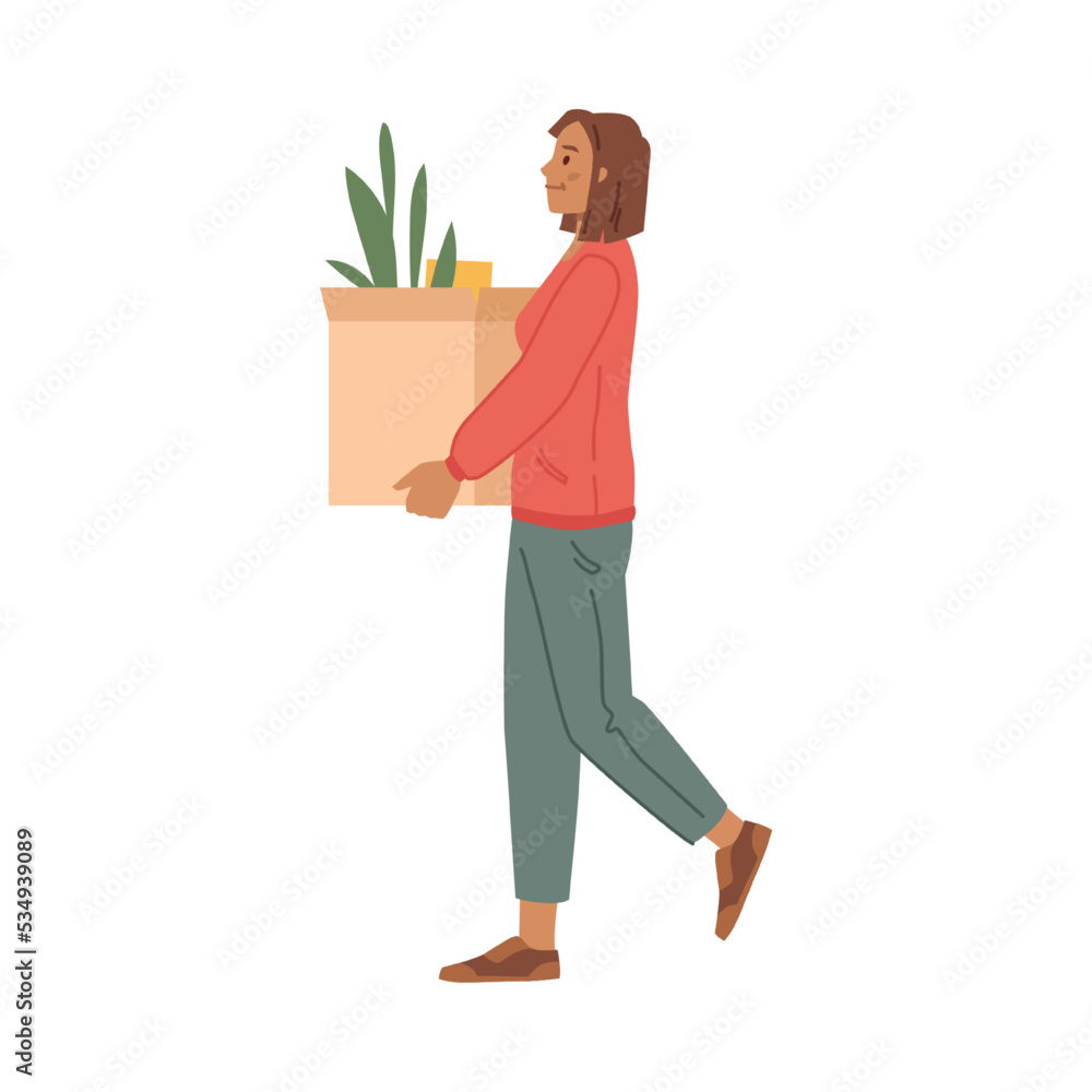 Moving out or in, relocating and changing place. Isolated female ...