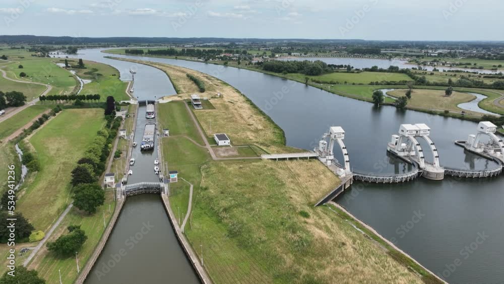Hydroelectric power plant sluice lock in the river Nederrijn between ...