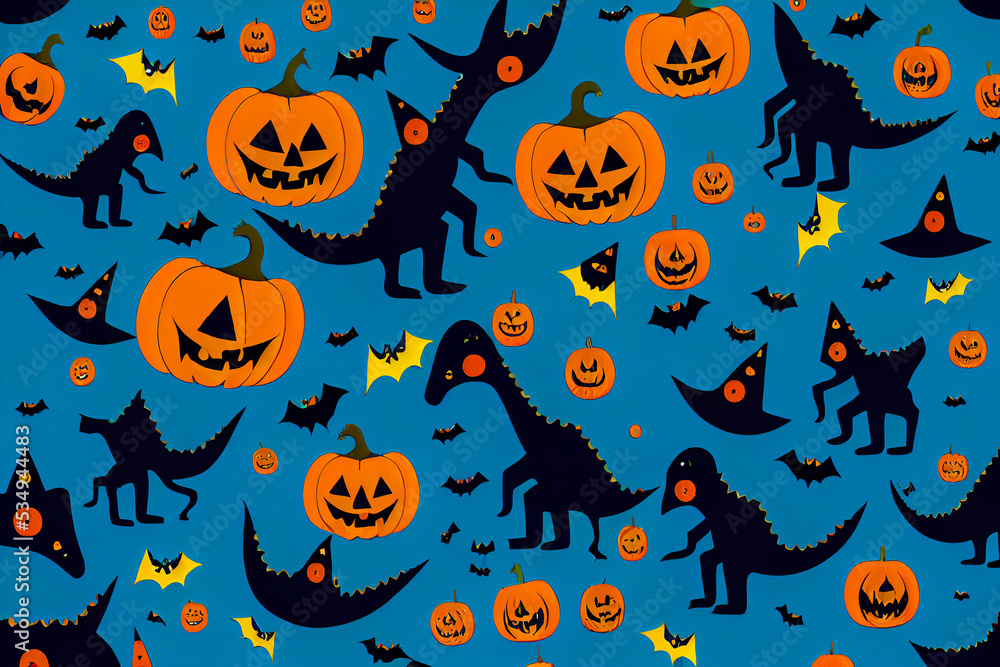 Scary Halloween background with dinosaurs and pumpkins Stock ...