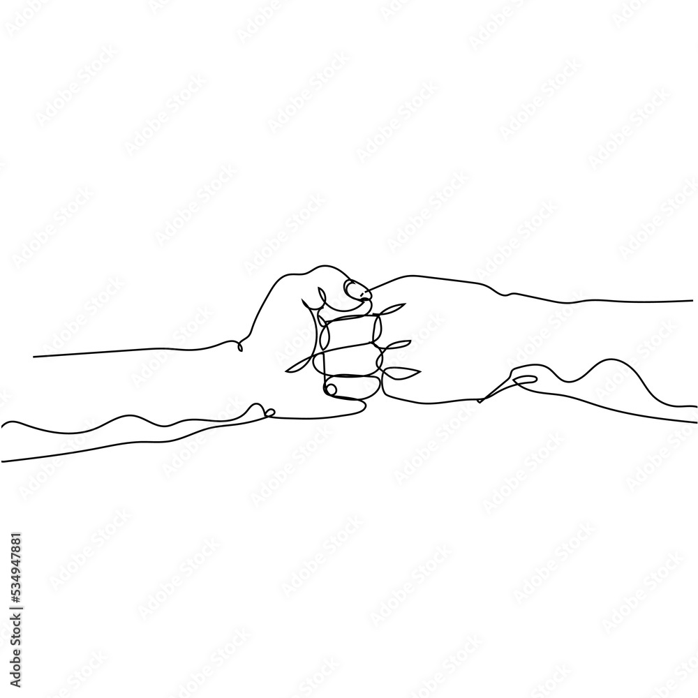 Continuous one line drawing two hands make fist bump. Sign or symbol of ...