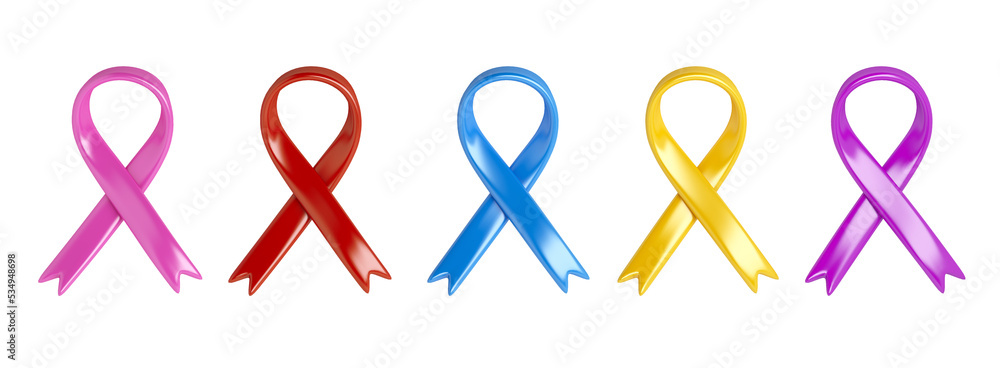 Set of cancer awareness ribbons on transparent background, 3d rendering ...