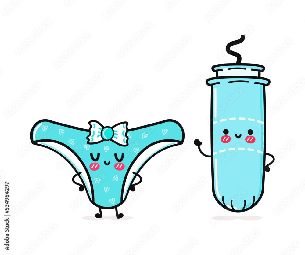 Cute, funny happy blue panties and tampon menstrual. Vector hand drawn ...