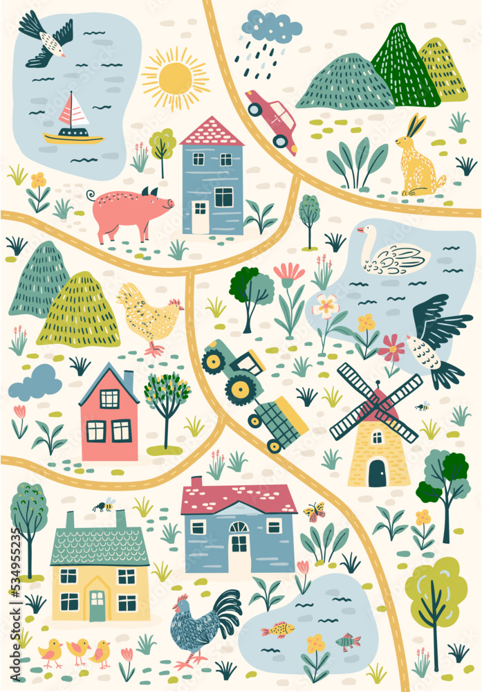 Little village map cartoon illustration, with lake, pig, tractor, dog ...