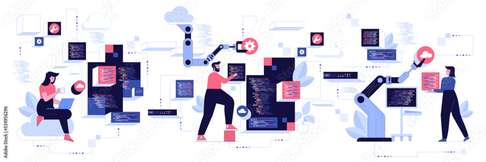 People characters developing software program and mobile app. Developers programming and writing ...