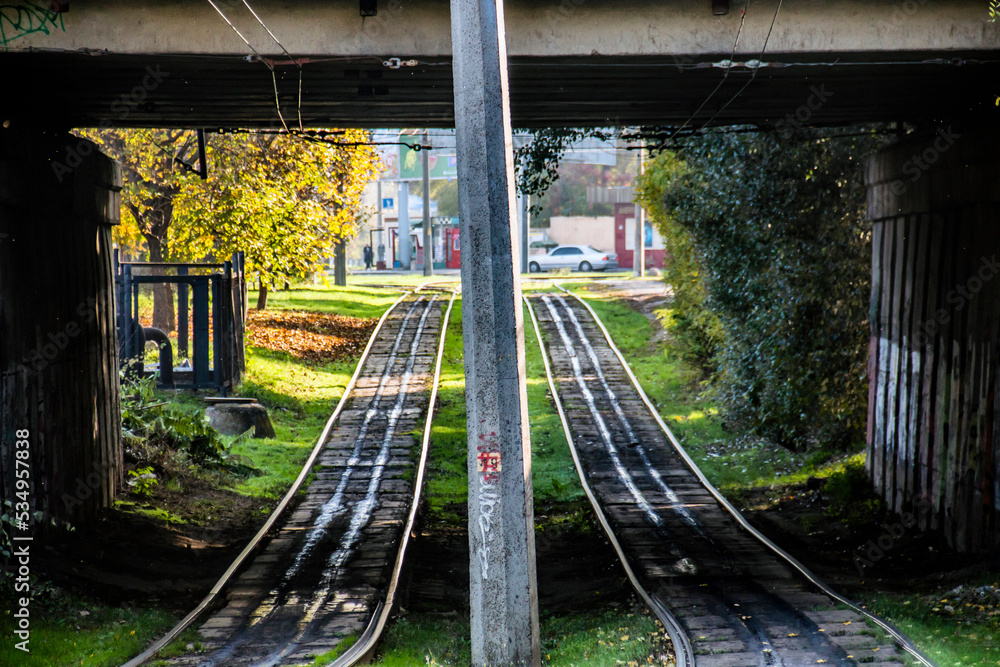 Tram rails and a concrete pole in the middle under a railway bridge ...