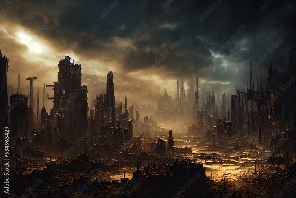 destroyed city with a beautiful sunset, future, dark, illustration made ...