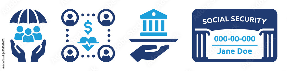 Social security benefits icon set. Containing social security card ...