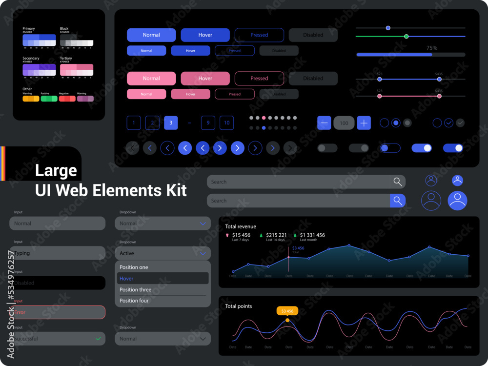 Big, huge, enhanced ui kit for web design, mobile apps with the different buttons, graphics ...