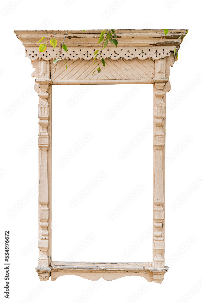 Old detached wooden window frame with rustic isolated on white ...