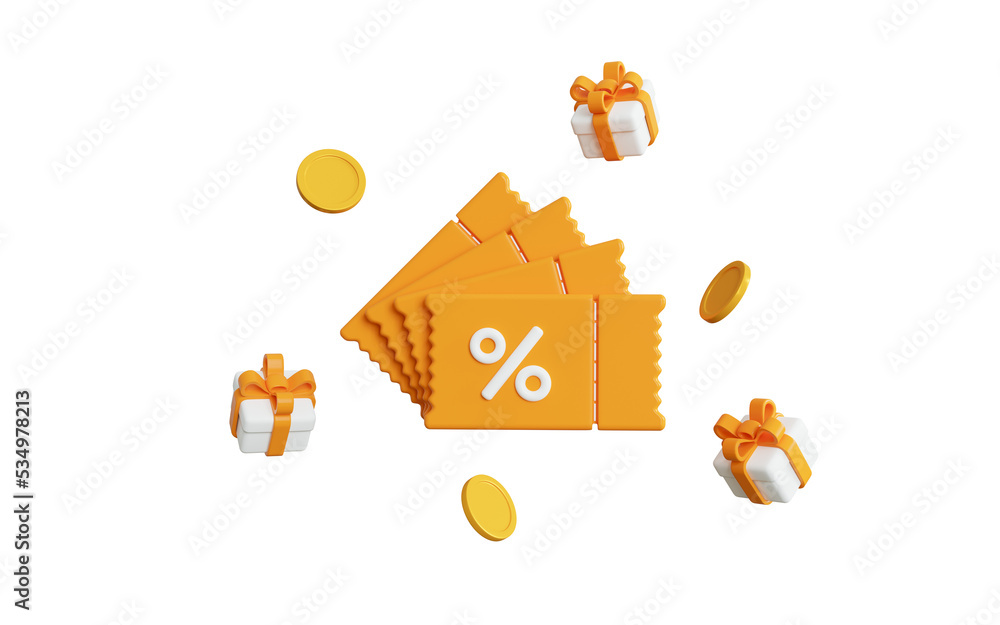 3d yellow coupons with white gifts, with gold coins on isolated ...