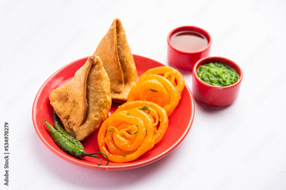 Veg Samosa with Jalebi, snack combination also called imarti and ...