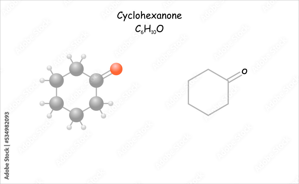 Stylized molecule model/structural formula of cyclohexanone. Stock ...