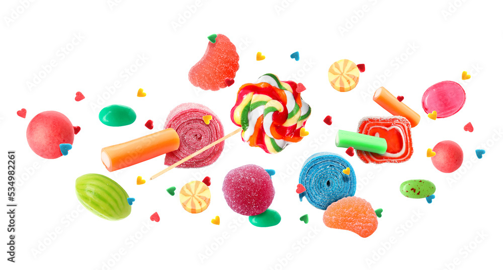 Many flying candies on white background Stock Photo | Adobe Stock