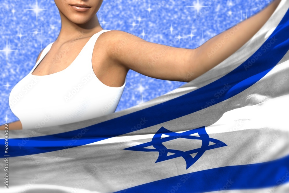 pretty lady holds Israel flag in front on the blue shining sparks ...