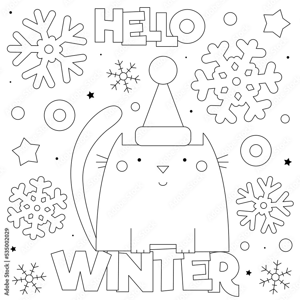 Hello Winter. Coloring page. Black and white vector illustration. Stock ...