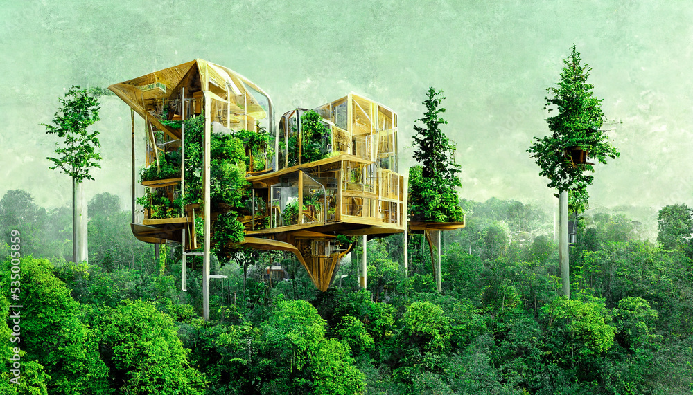 Spectacular image of a sustainable tree house surrounded by greenery in ...