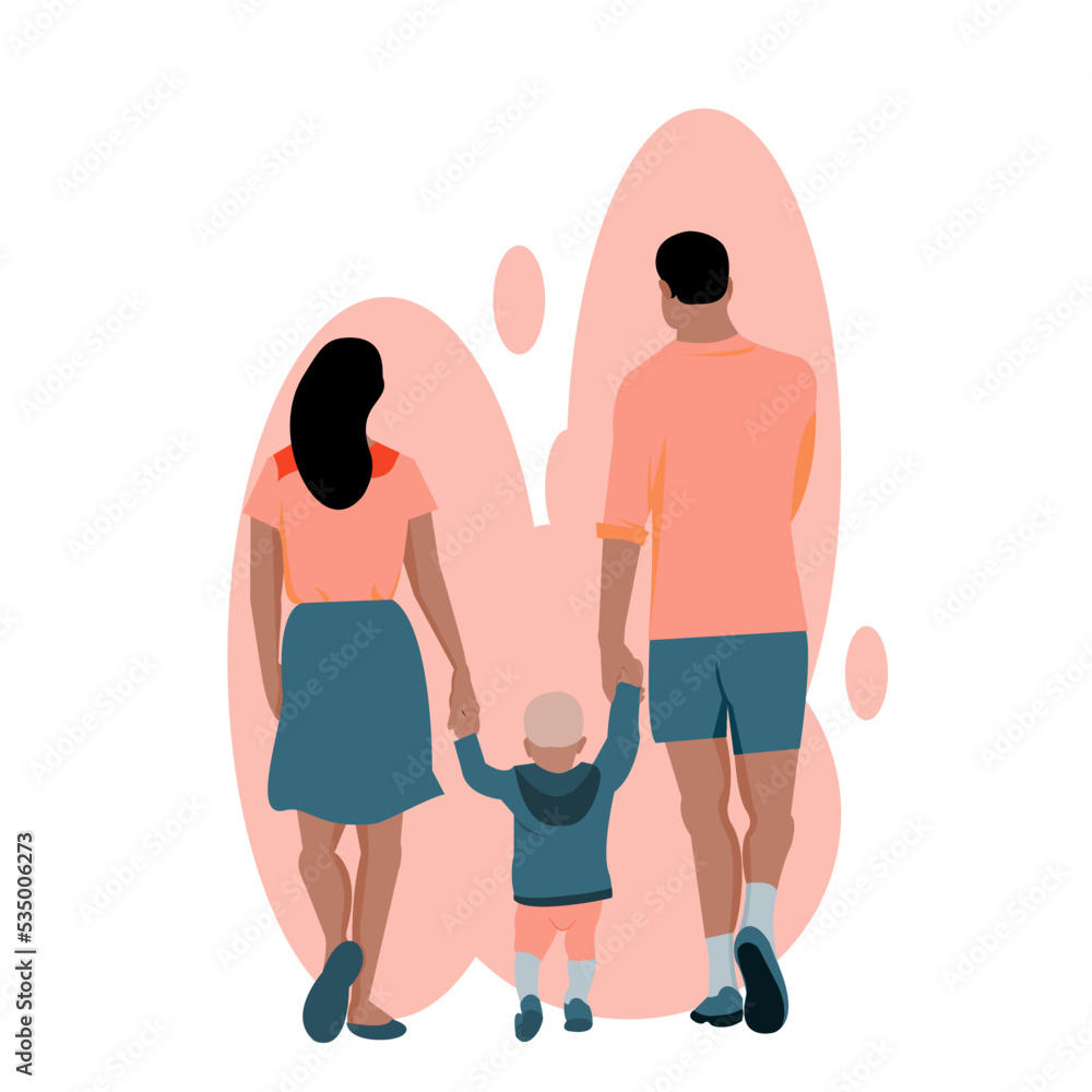 Back View Illustration of a Family Walking Together young mother and ...