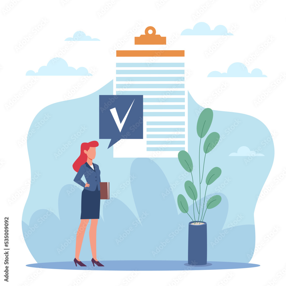 Completed task, positive checklist result, passed exam. Business woman ...