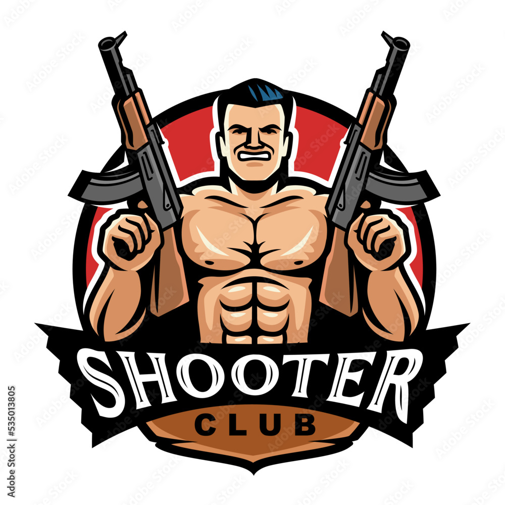 Shooter club emblem. Muscular man with machine guns. Cartoon vector ...