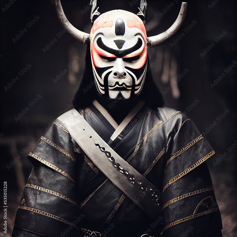 Oni Samurai Mask. Japanese Bushido Art. Black on White. Oni are yōkai ...