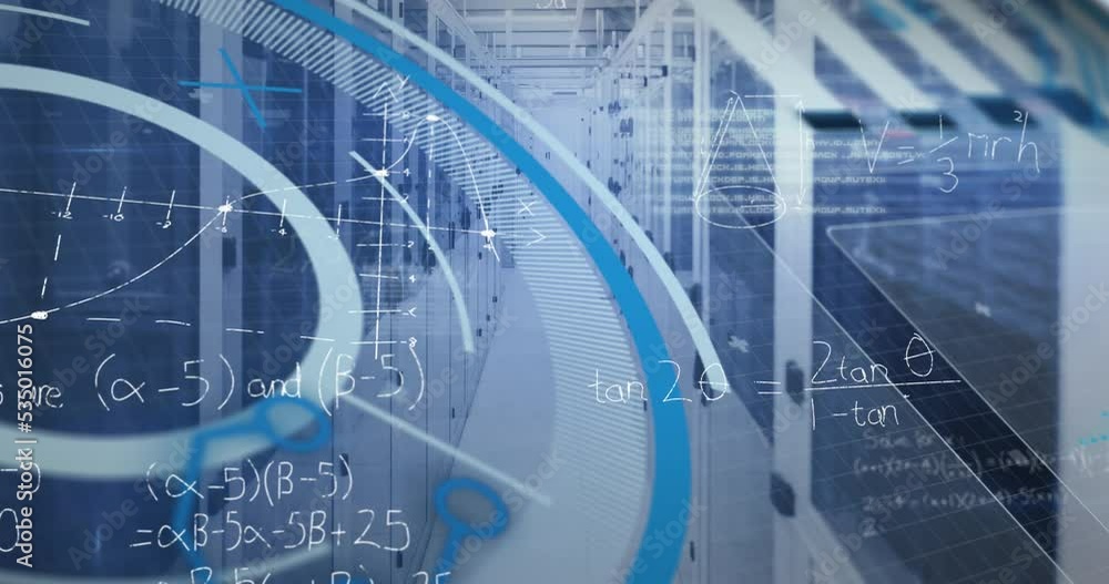 Animation of processing circle and math formulas over servers Stock Video | Adobe Stock