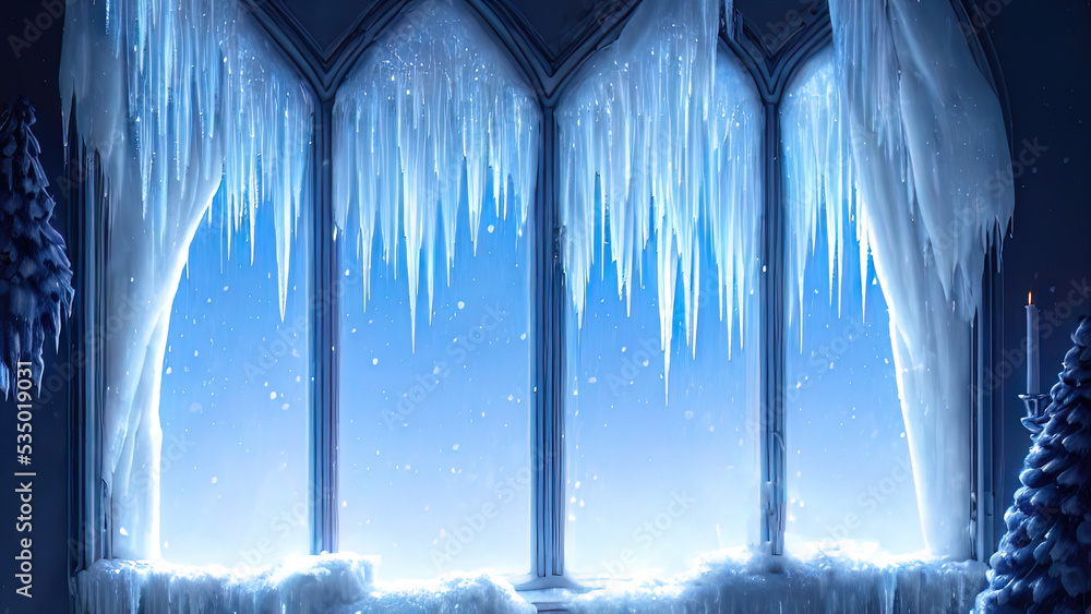 Large panoramic frozen winter window. Dark room with a large window ...