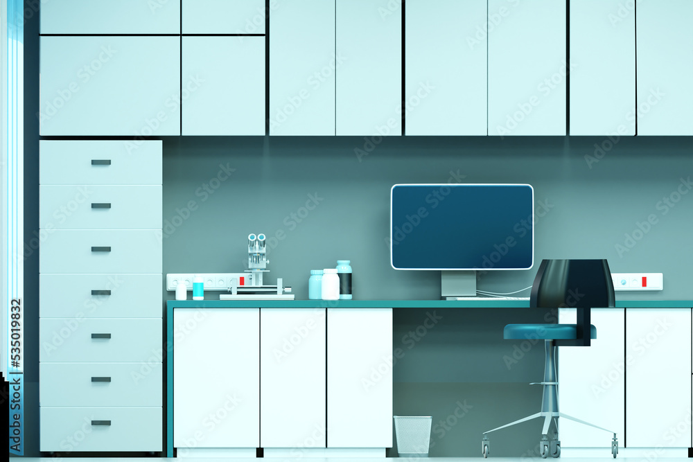 Hospital interior. Workplace hospital staff. Hospital furniture with ...