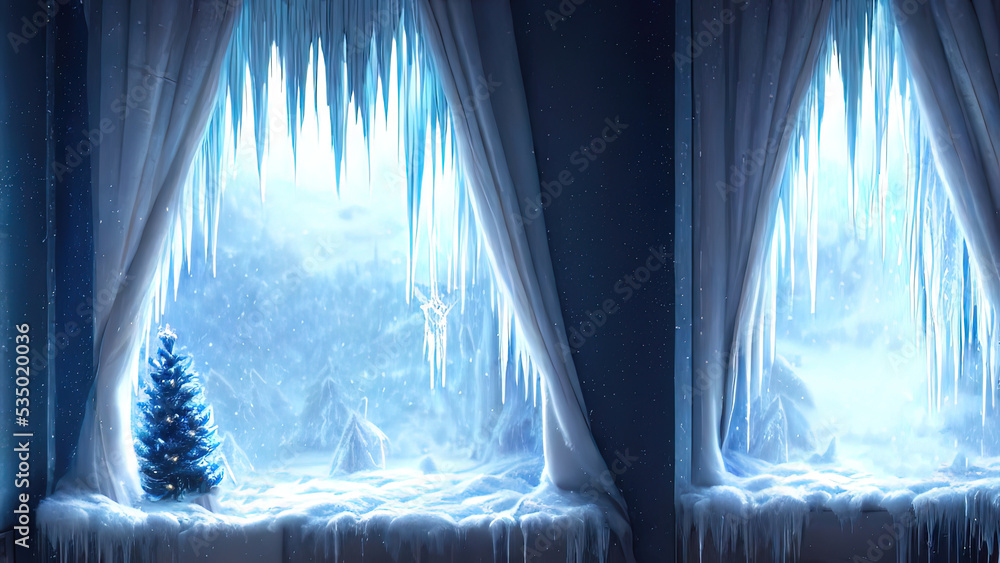 Large panoramic frozen winter window. Dark room with a large window ...