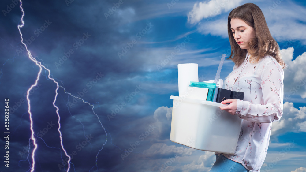 Problems From Work Sad Fired Woman Girl With Box In Her Hands Concept Dismissal From Work Due
