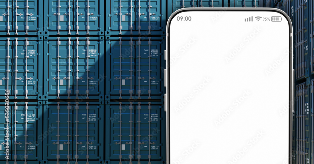 Transport company app. Cargo container and mobile phone. Smartphone ...