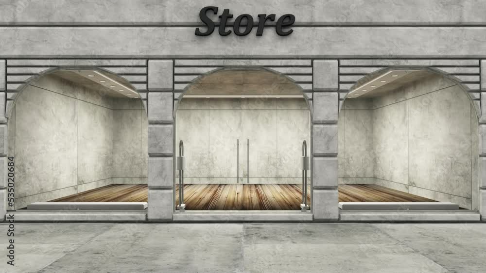 Modern Empty Store Front with Big Arch Windows with Flickering Light ...