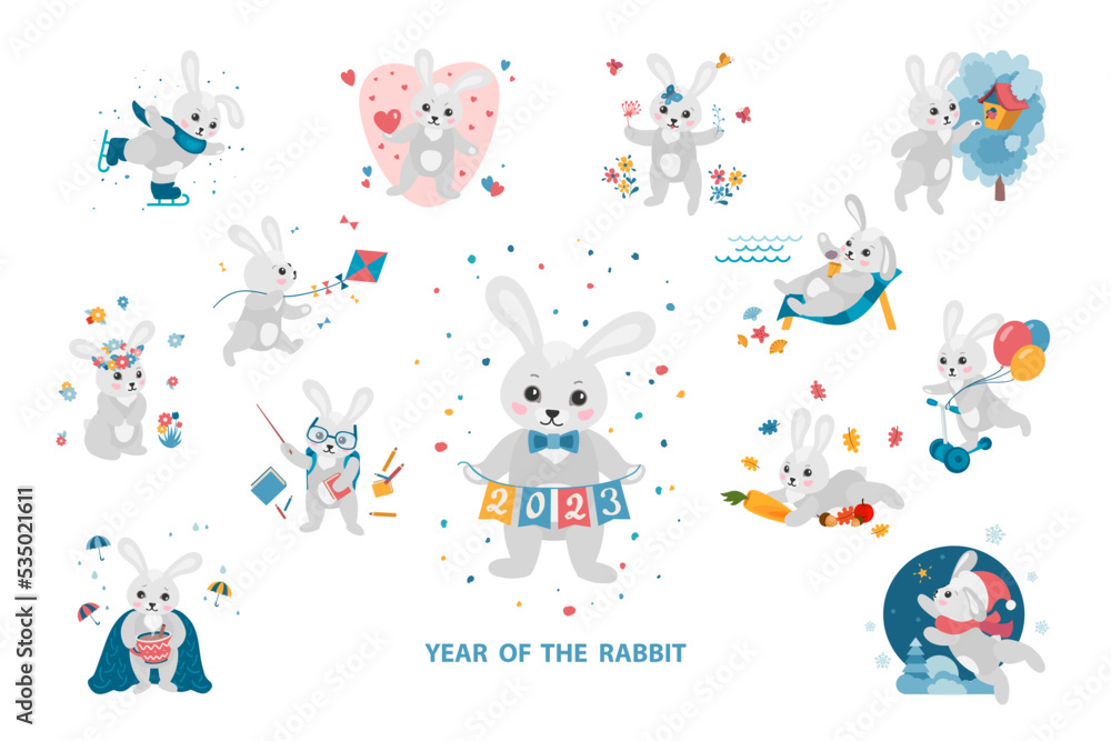 Big set of cute cartoon Rabbits in different situations and poses ...