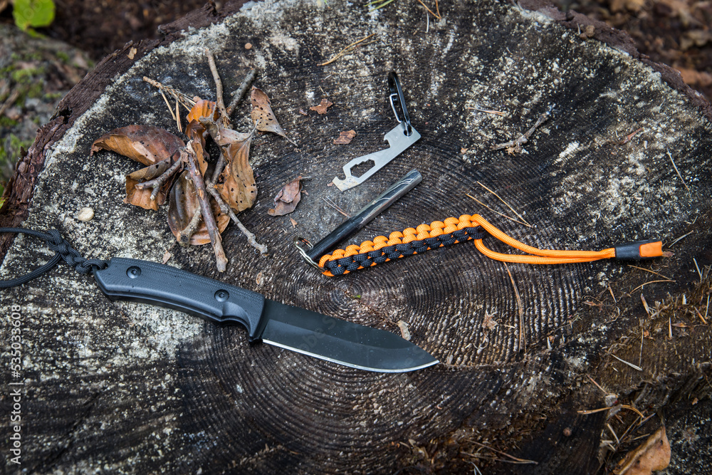 Essential tactical bushcraft tools on a tree stump in the woods Stock ...
